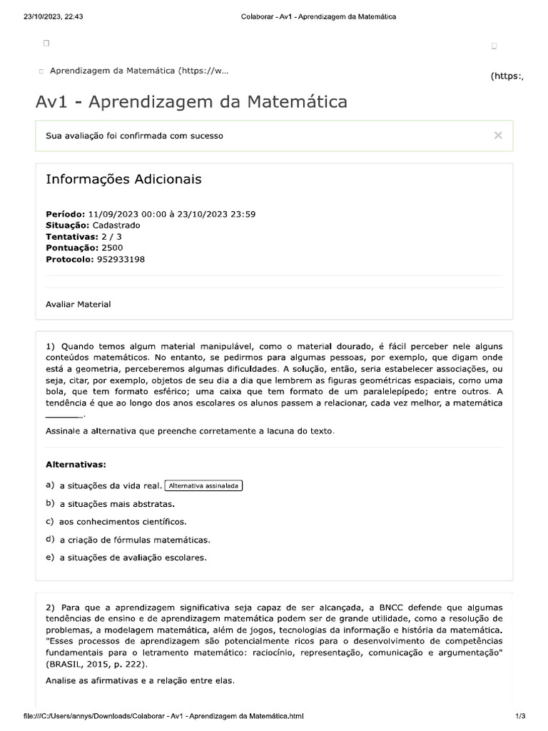 Av1 - Aprendizagem Da Matemática | PDF