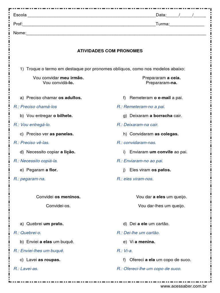 Atividades sobre Pronomes Oblíquos | PDF