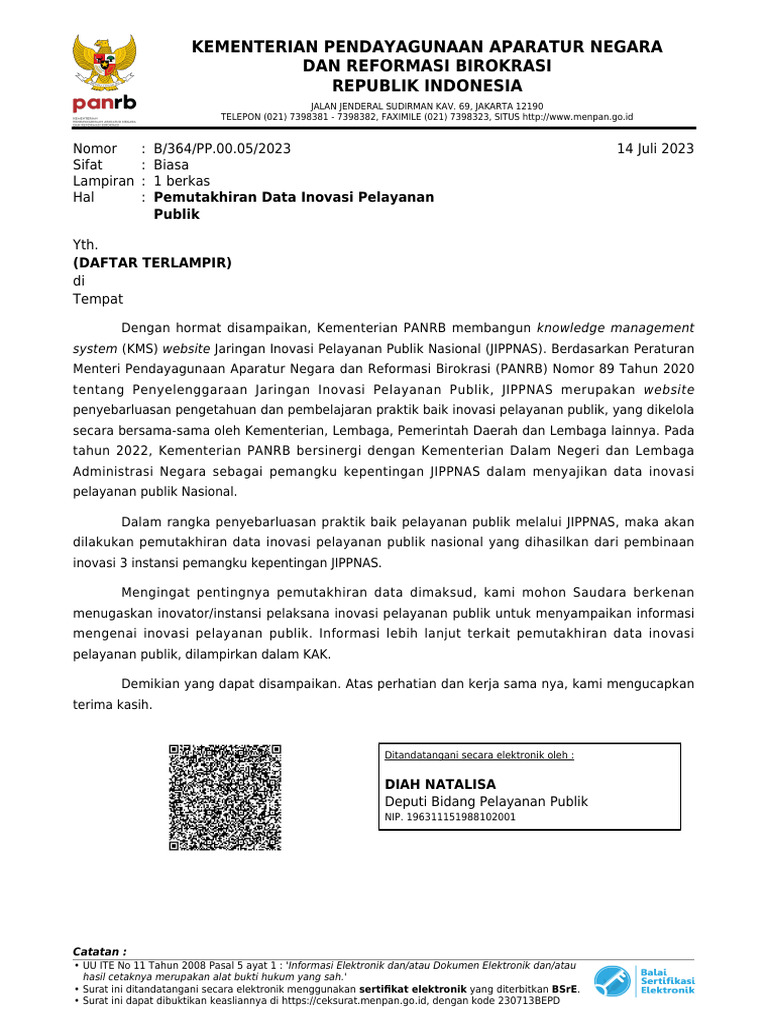 Pemutakhiran Data Inovasi Publik 2023 | PDF