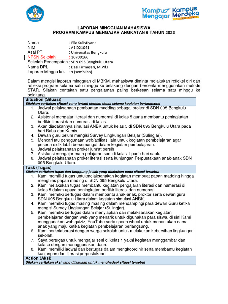 Laporan Minggu 9 Kampus Mengajar Ella Sulistiyana | PDF