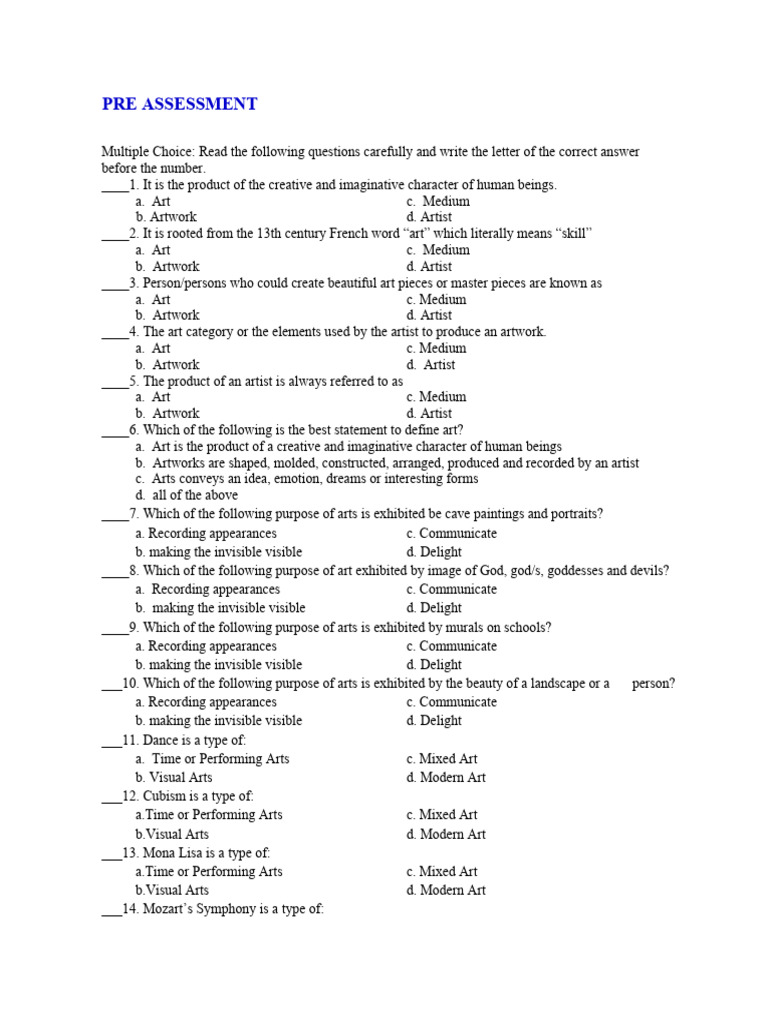 Pre Assessment | PDF | Modern Art | Paintings