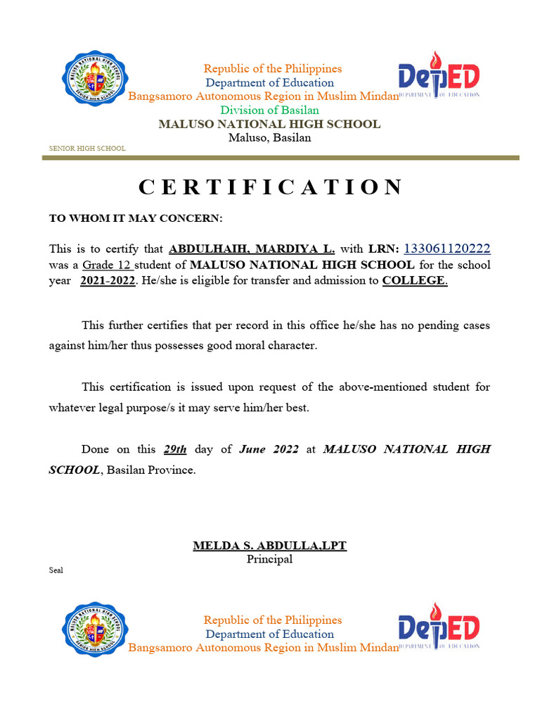 Good Moral Certificate | PDF