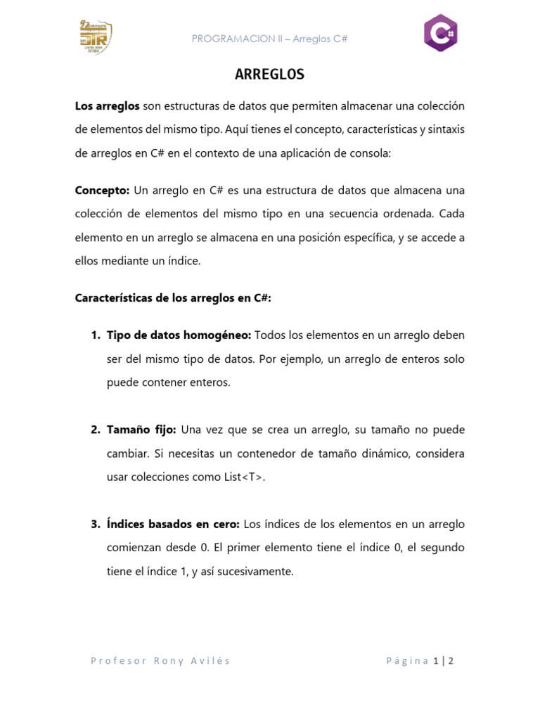ARREGLOS EN C Sharp - CONCEPTO, CARACTERISTICAS y Sintaxis | PDF