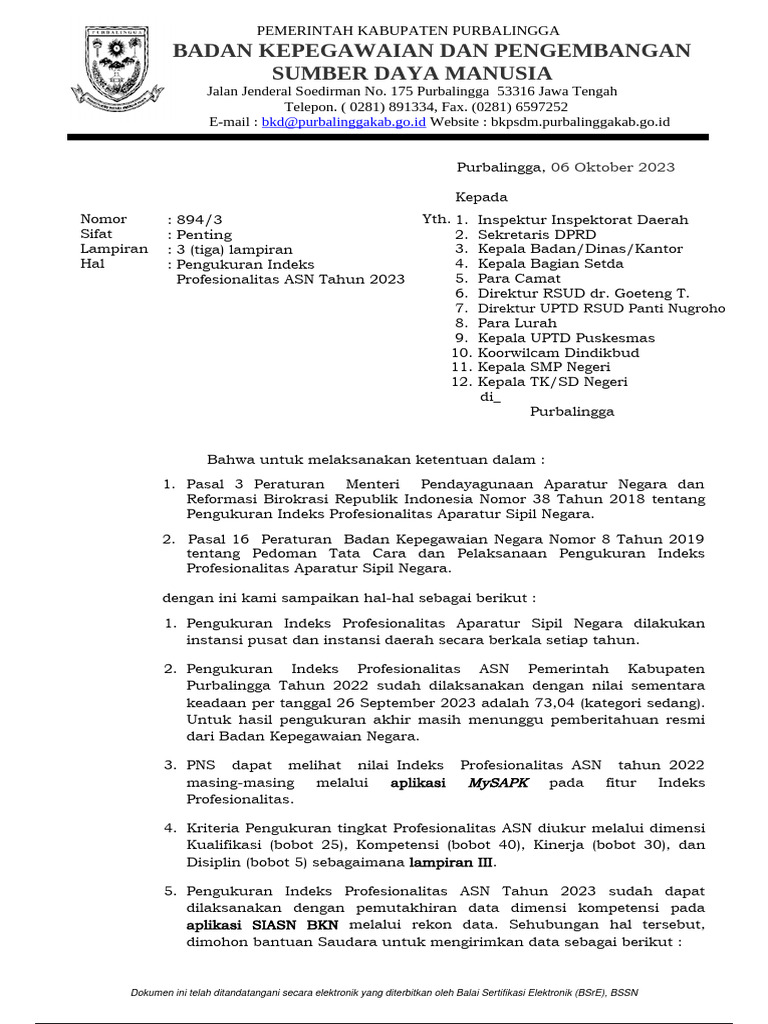 Surat Pengukuran IP ASN Tahun 2023 | PDF