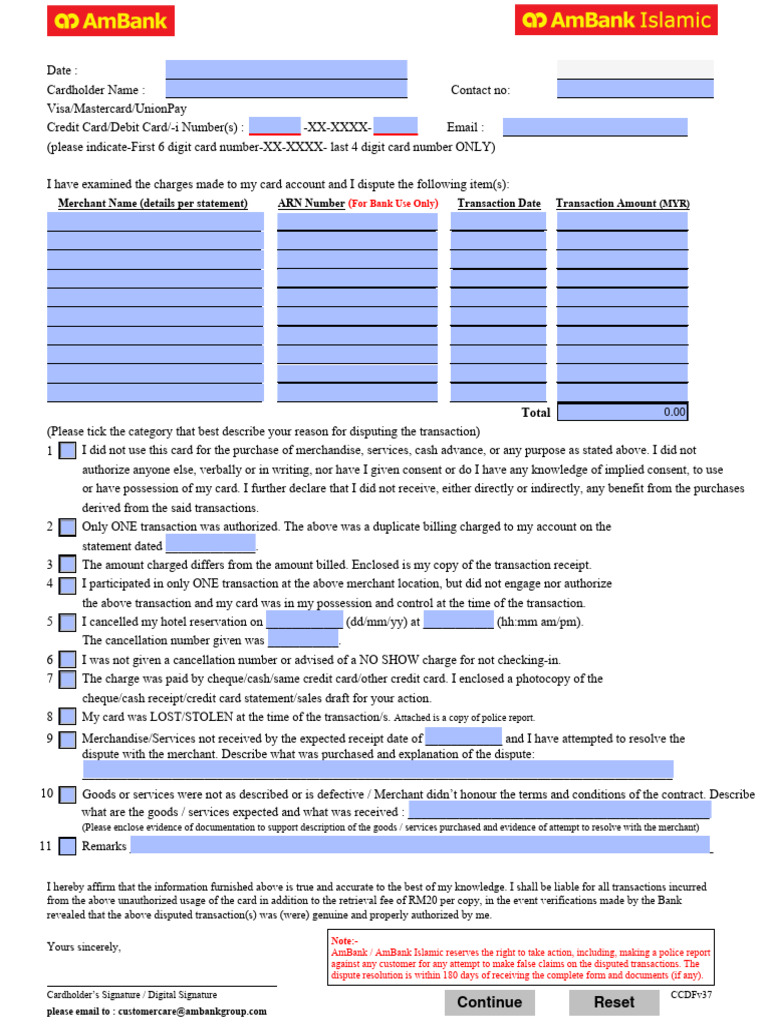 Ambank Malaysia Credit Card Dispute Form | PDF