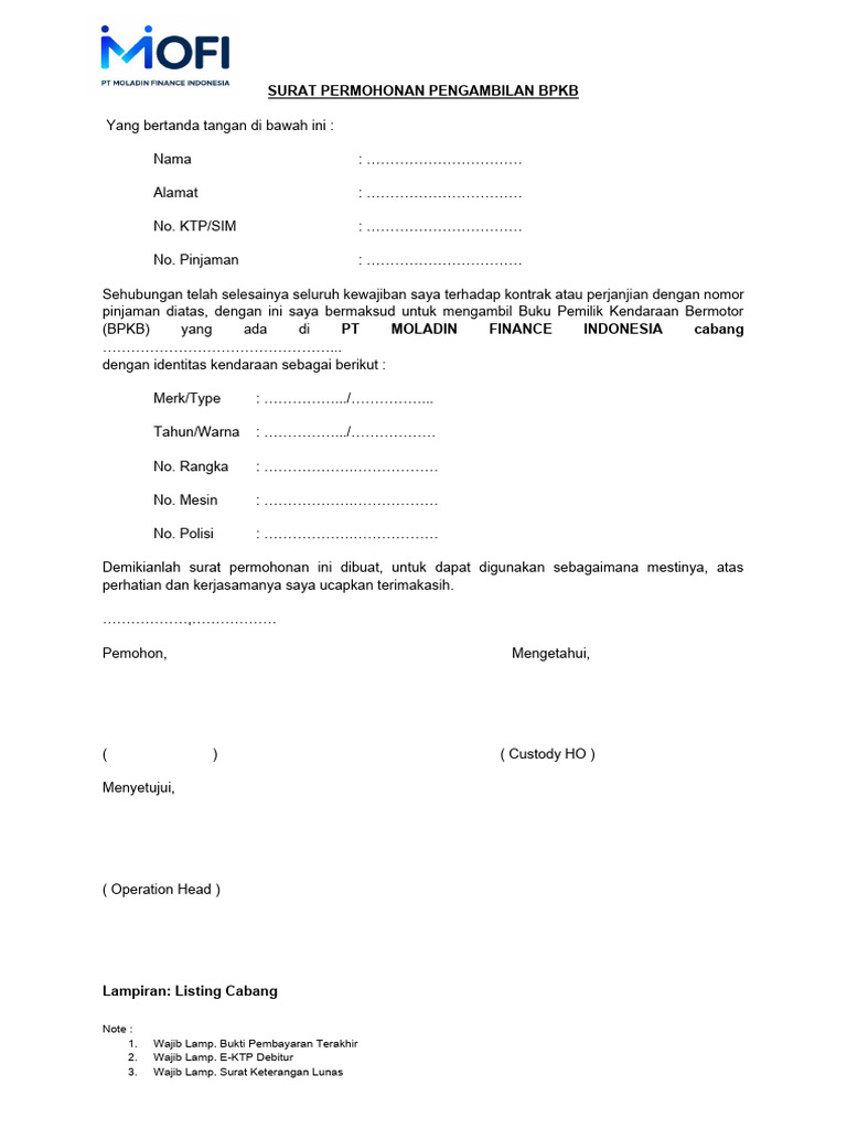 Surat Permohonan Pengambilan BPKB | PDF