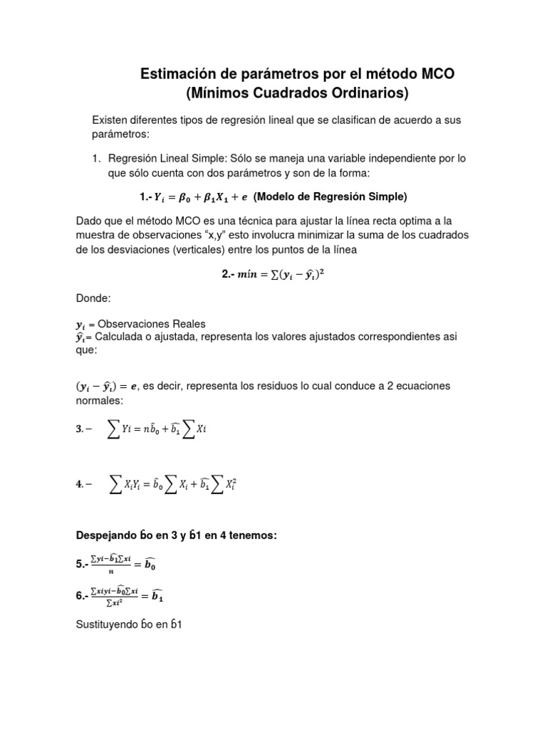 Estimación de Parámetros Por El Método MCO | PDF | Mínimos cuadrados ordinarios | Teoría de la ...