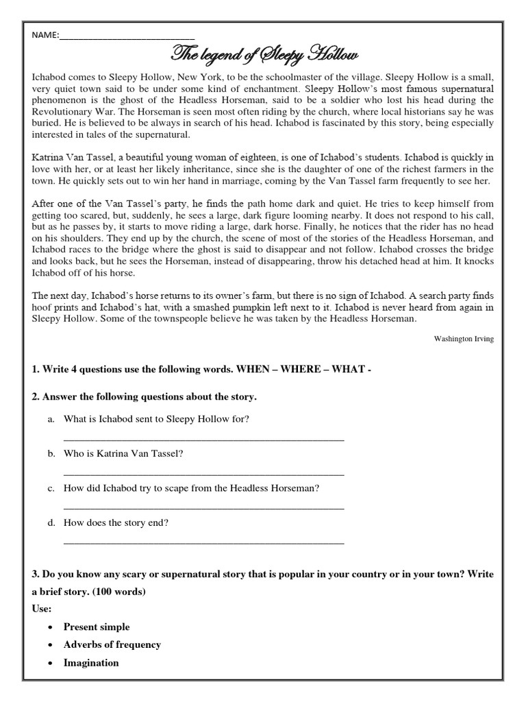 The Legend of Sleepy Hollow Worksheet Reading Comprehension Exercises ...
