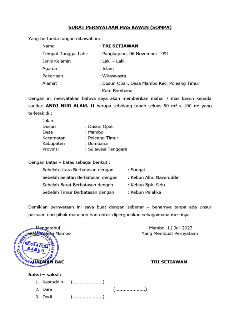 435139418-Surat-Pernyataan-Mahar | PDF