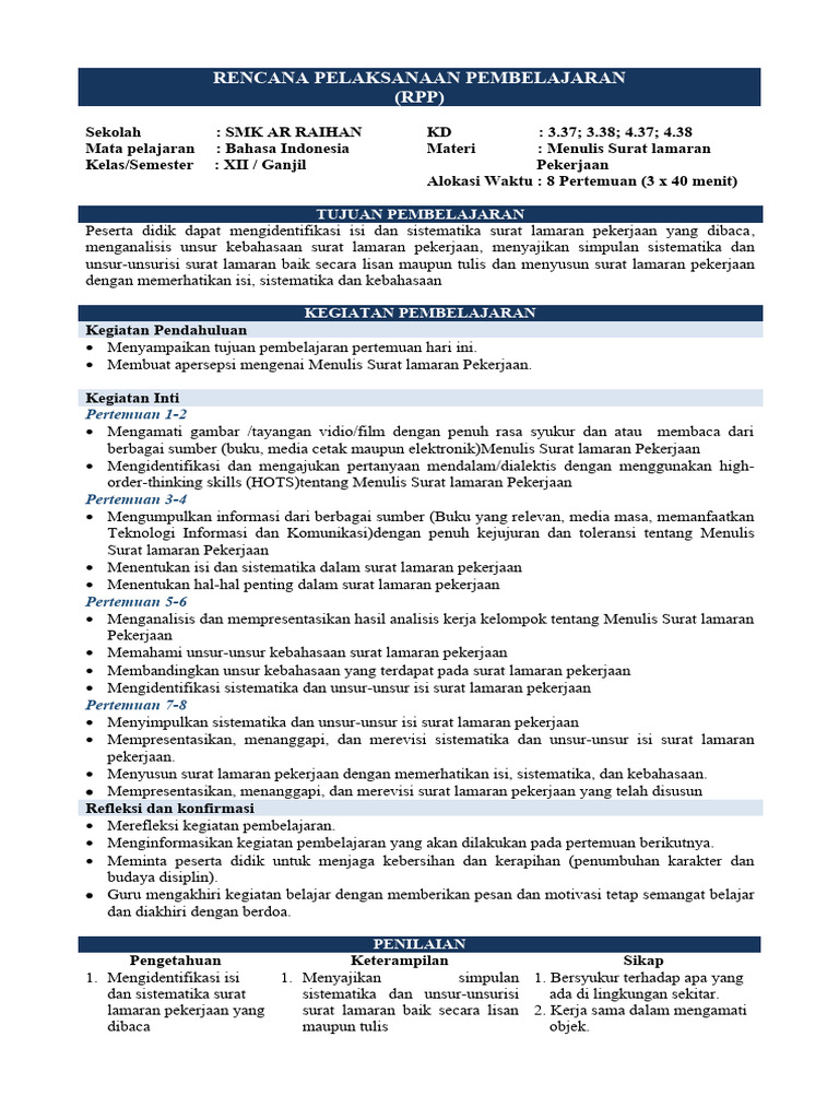 RPP Kelas XII - Tika Kartika, S.Pd. - Menulis Surat Lamaran Pekerjaan | PDF