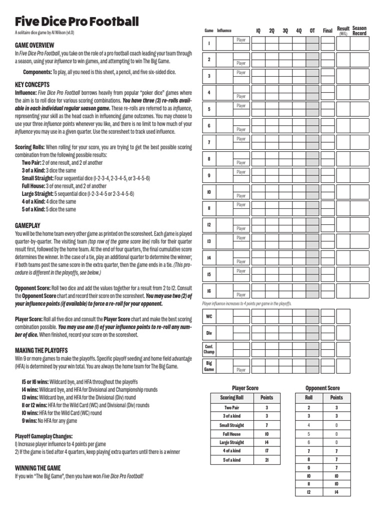Five Dice Pro Football Rules | PDF