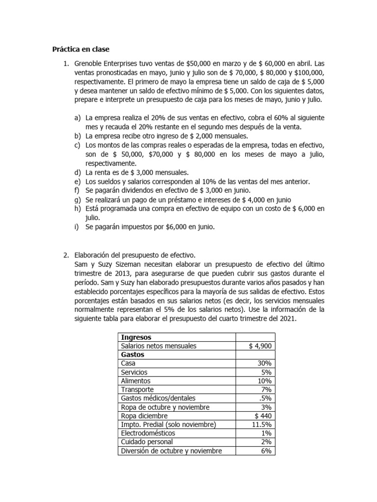 Ejercicios Presupuesto de Efectivo Clase | PDF Ejercicios Presupuesto de Efectivo Clase | PDF