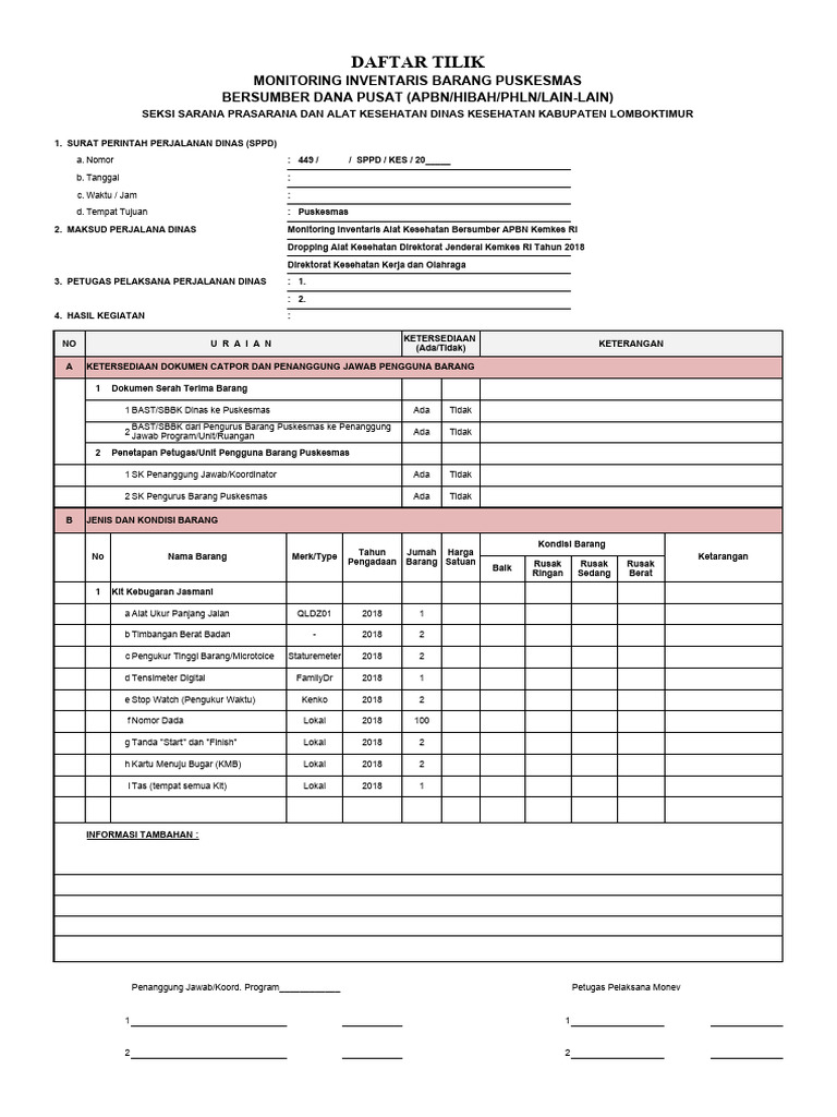 Checklist Monev Alkes Hibah - APBN | PDF