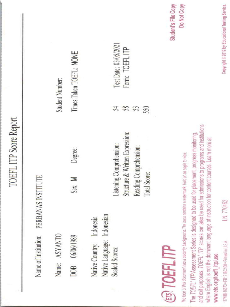 TOEFL ITP SCORE REPORT ASYANTO | PDF