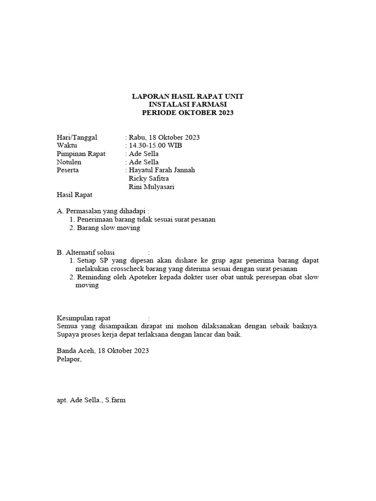 Laporan Hasil Rapat Unit | PDF