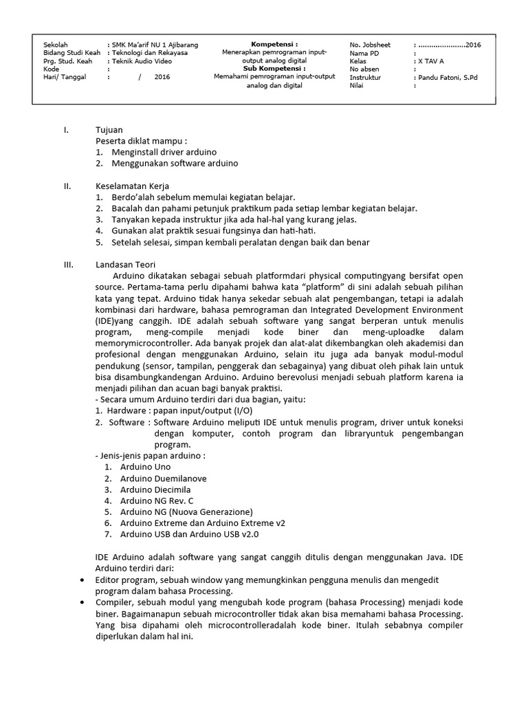 Jobsheet Arduino 1 | PDF