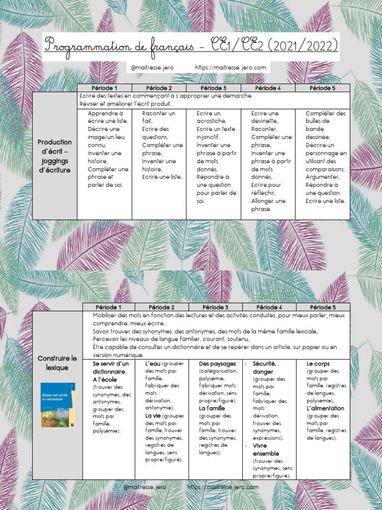Programmation de Francais Lexique Joggings D Ecriture Fluence CE1 CE2 | PDF