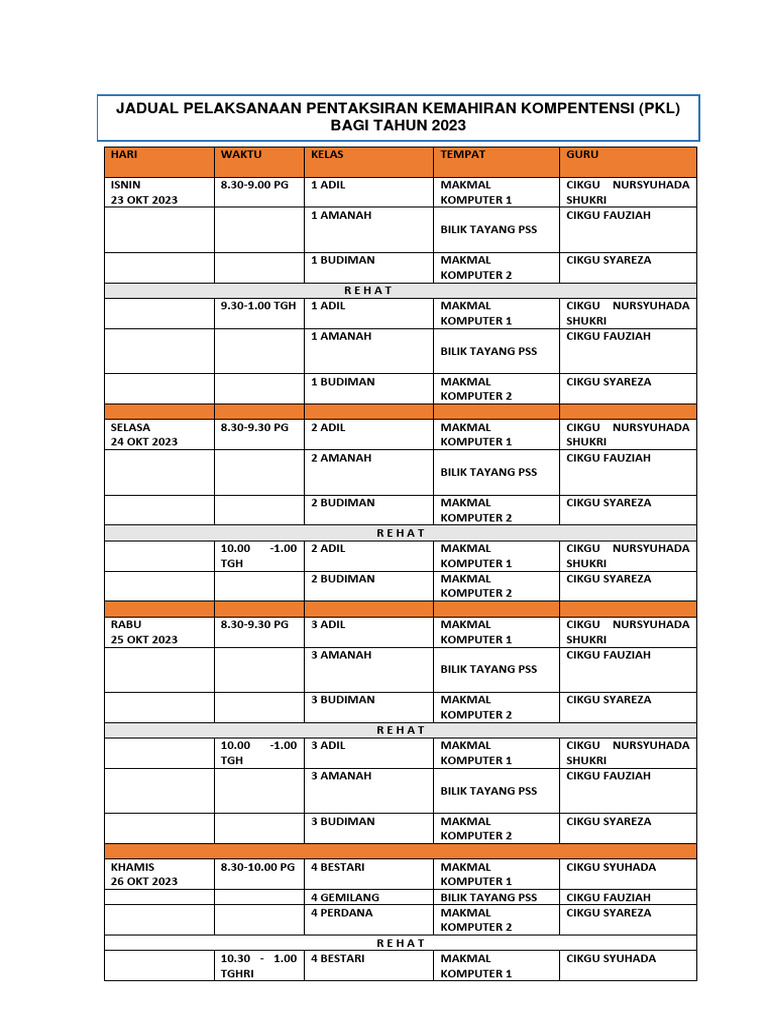 Jadual Pelaksanaan PKL 2023 | PDF