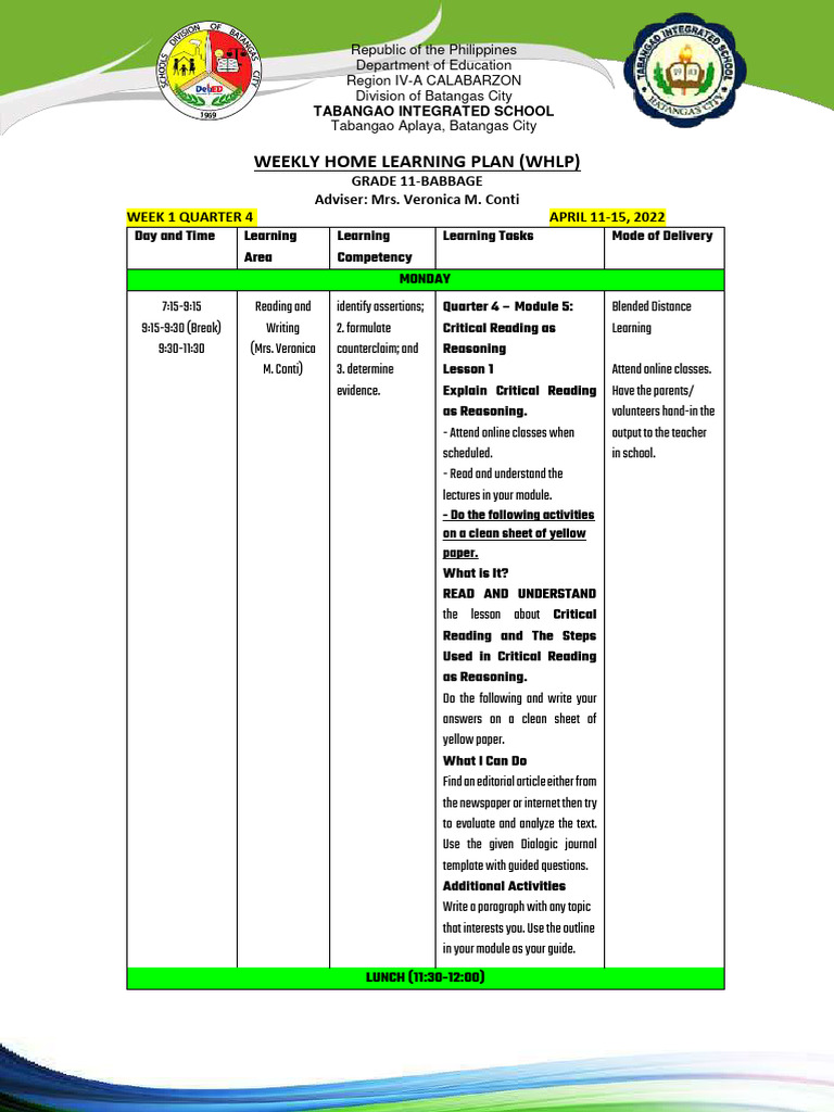 Grade 11 Babbage Weekly HOme LEarning Plan Week1 Quarter4 | PDF