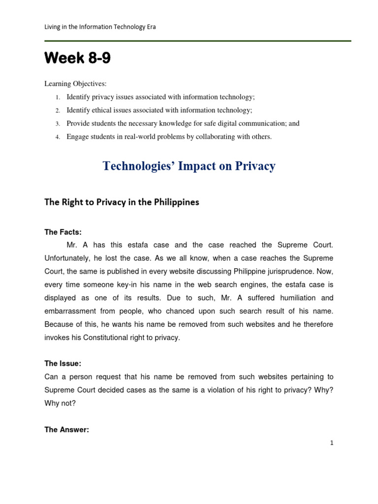 Week 8 9 Lesson On Living On The IT Era 2 | PDF | Defamation | Privacy Week 8 9 Lesson On Living On The IT Era 2 | PDF | Defamation | Privacy