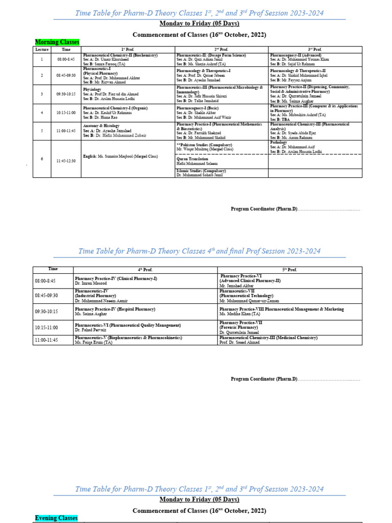 Tentative Time Table For Pharm-D Session 2023 Fall | PDF