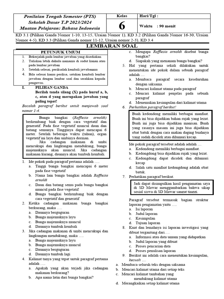 Soal PTS Bahasa Indonesia Kelas Vi | PDF