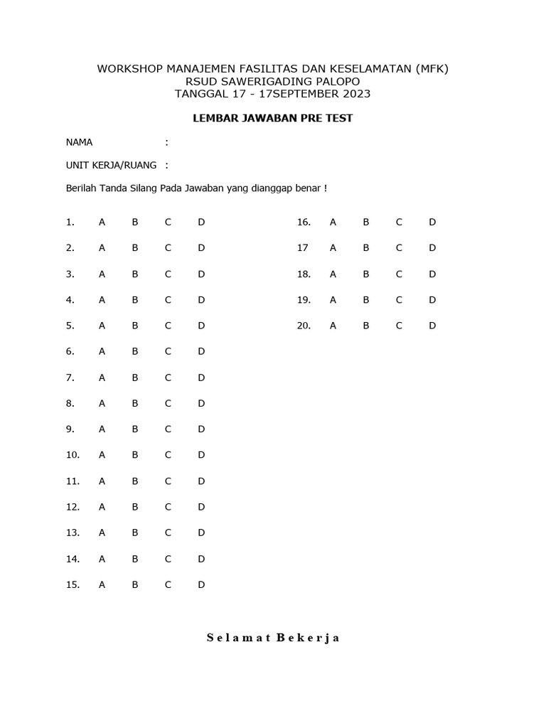 Lembar Jawaban Pre Dan Post Tes - 20 Soal | PDF