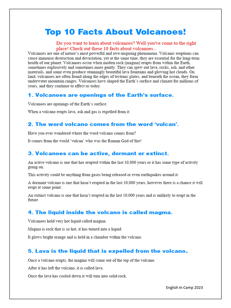 Top 10 Facts About Volcanoes | PDF | Volcano | Types Of Volcanic Eruptions