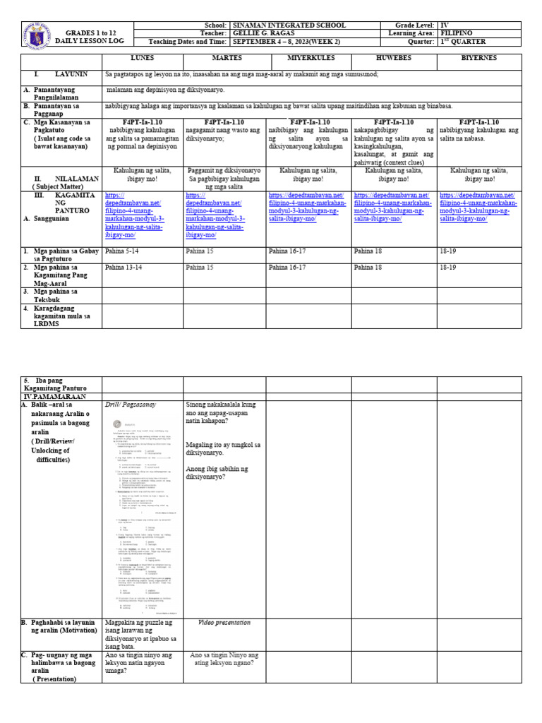 DLL - Filipino 4 - Q1 - W1 | PDF