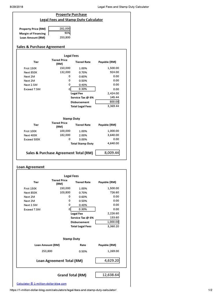 Legal Fees and Stamp Duty Calculator - 1-Million-Dollar-Blog | PDF