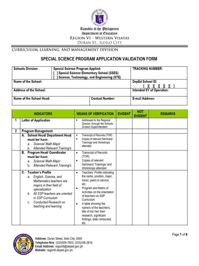 Special Science Program Validation Form | PDF