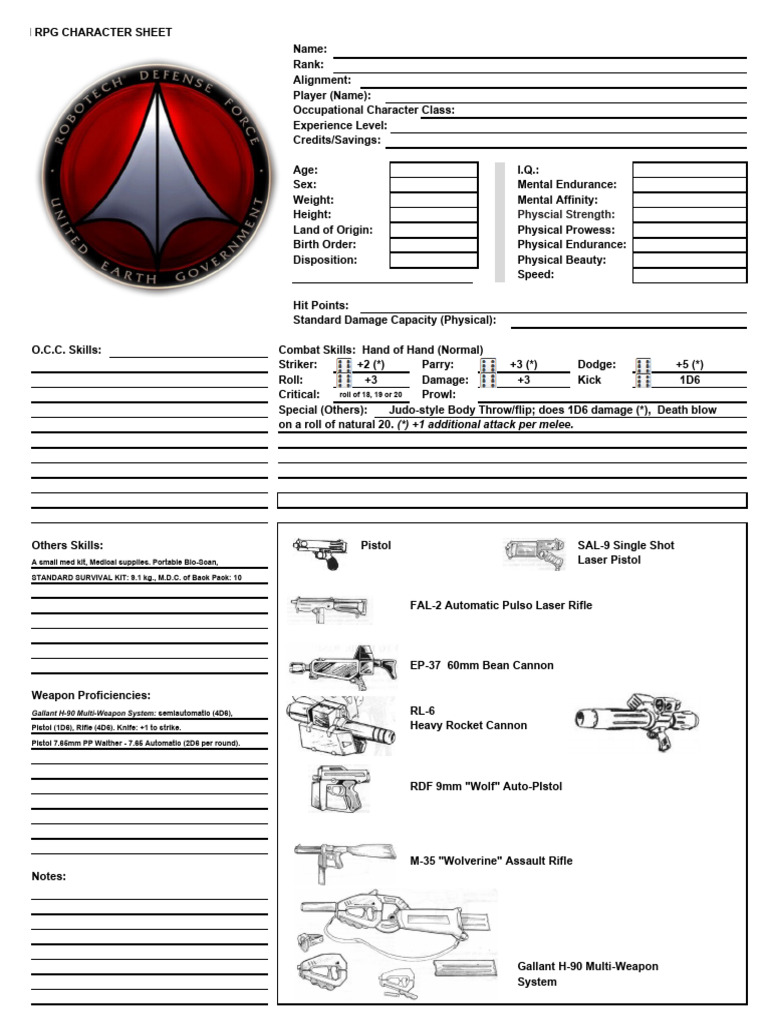 Robotech RPG Character Sheet | PDF