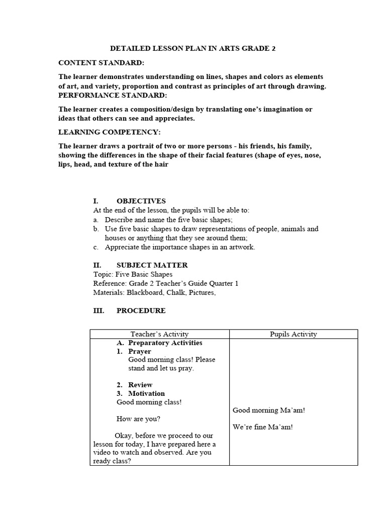 Detailed Lesson Plan in Arts Grade 2 | PDF