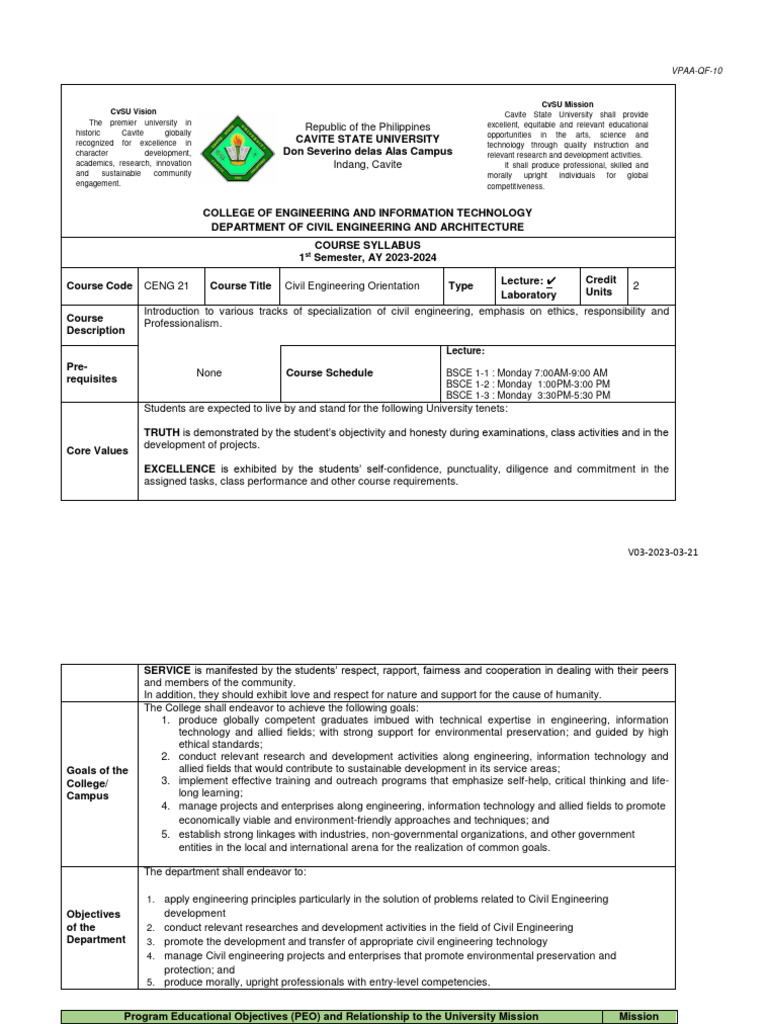 CENG 21 - CE Orientation - Syllabus - 1st Sem AY 23 24 - Final Version | PDF