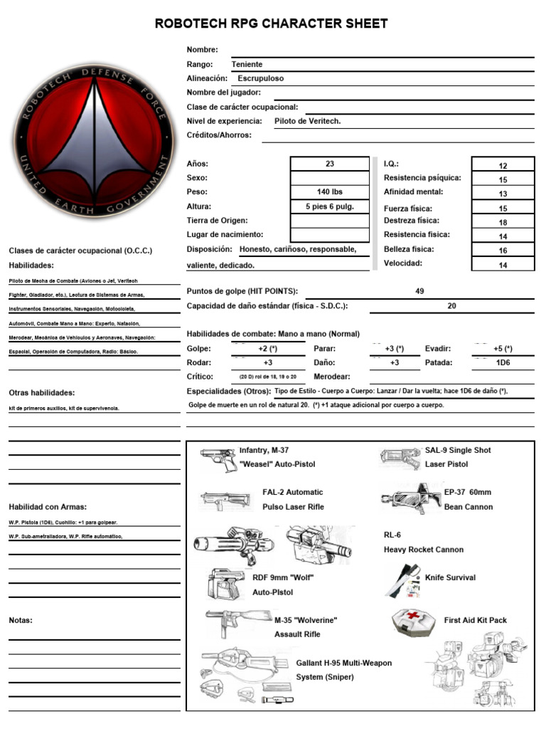 01 ROBOTECH RPG CHARACTER SHEET VI en Español RDF - PERSONAJES | PDF