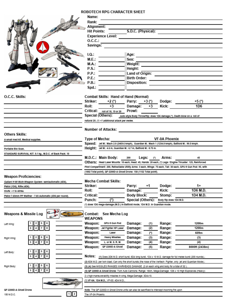 00 Robotech RPG Character Sheet I - Veritech - Cyclons - Etc | PDF