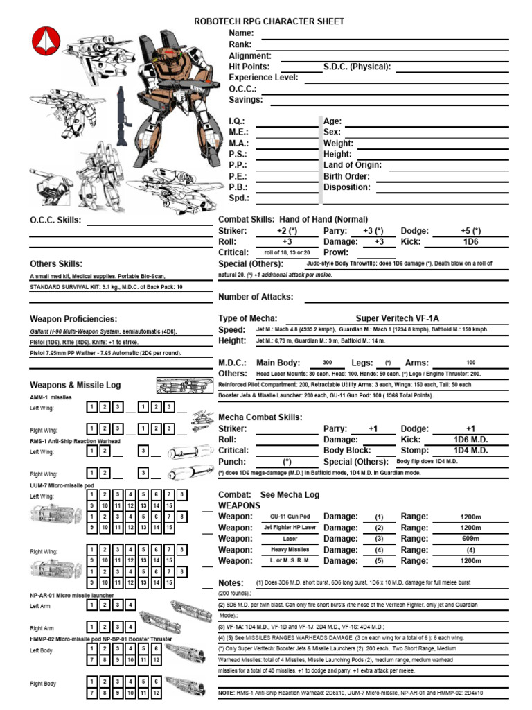 00 Robotech RPG Character Sheet Ii - Super Veritech | PDF