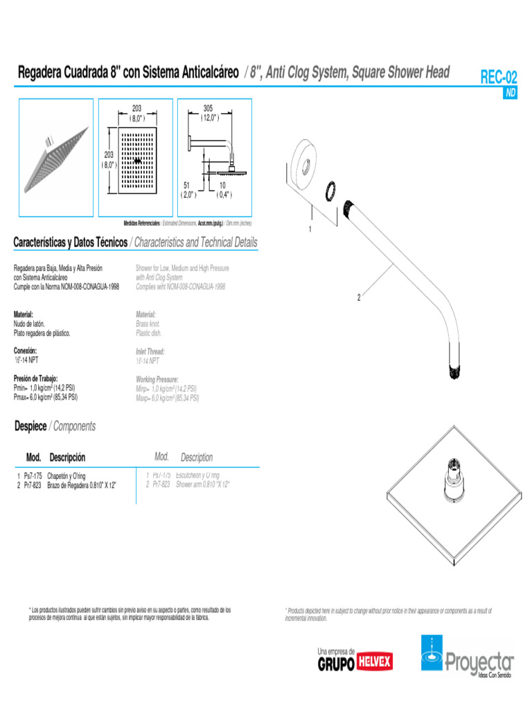 REC-02 Regadera Proyecta Ficha | PDF