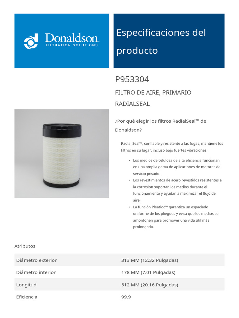Filtro de Aire Primario Donaldson P953304 - Scania 1931042 | PDF