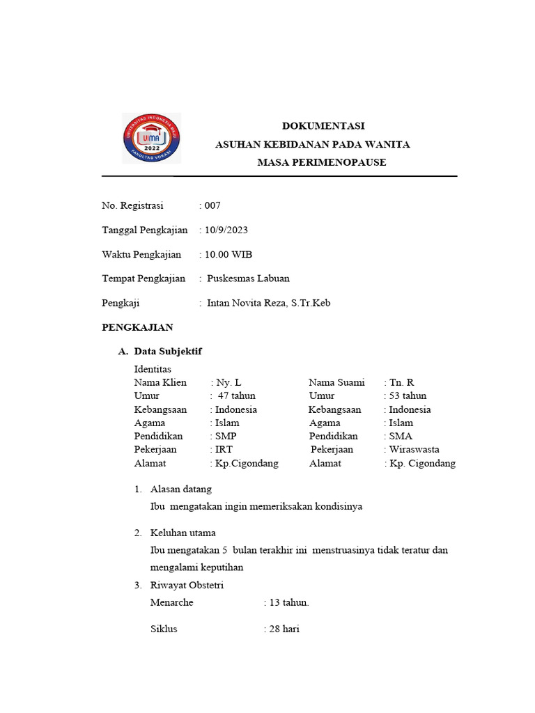 SOAP ASKEB PADA PREMENOPOUSE Bidan Yayan 1 FIXX | PDF