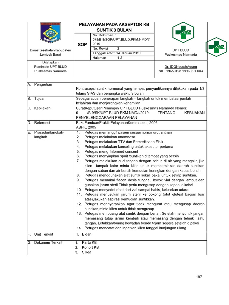 79.OK - SOP Pelayanan Aseptor KB Suntik 3 Bulan | PDF