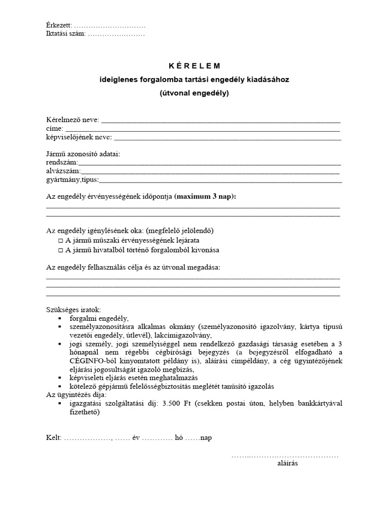Kérelem Ideiglenes Forgalomba Tartási Engedély Igényléshez | PDF