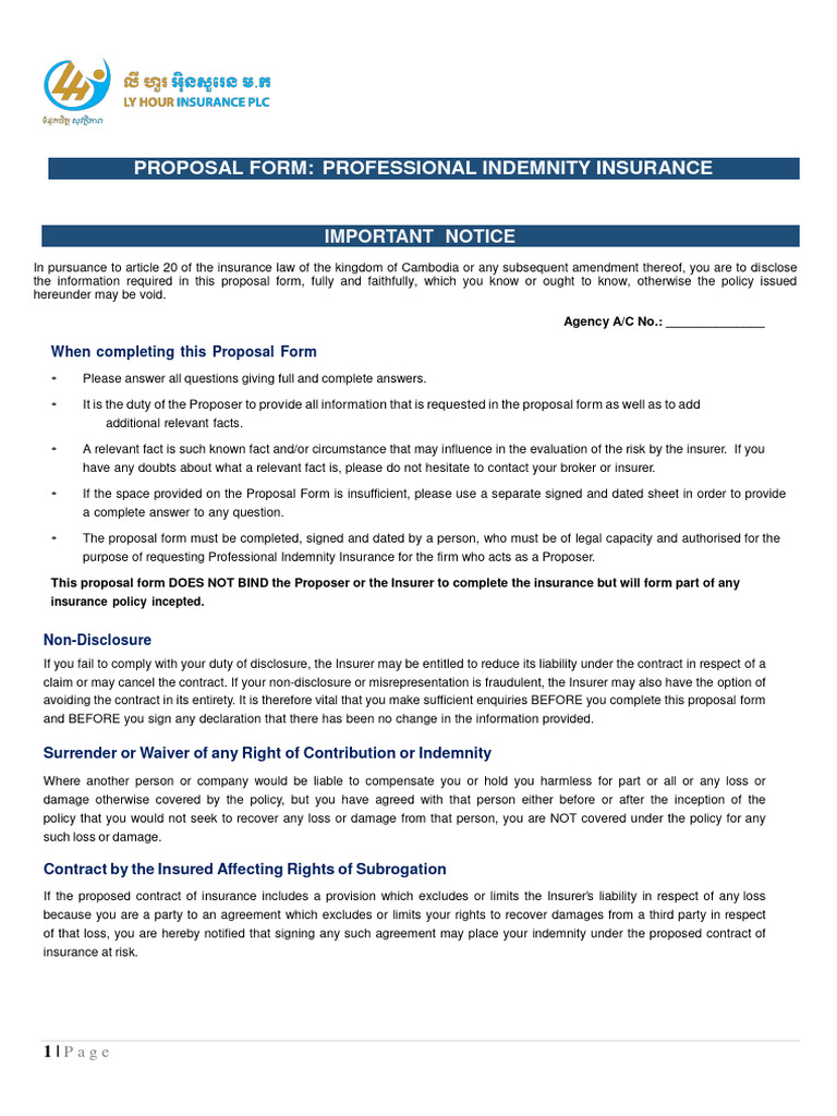 Professional Indemnity Insurance Form - Lyhour | PDF | Insurance ...