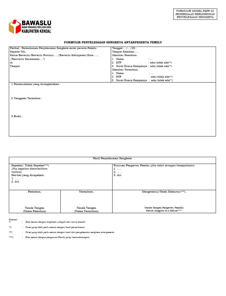 Formulir Penyelesaian Sengketa Antarpeserta Pemilu PSPP 22 | PDF