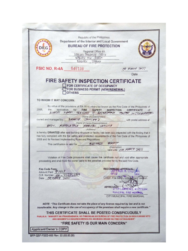 Fire Safety Certificate | PDF