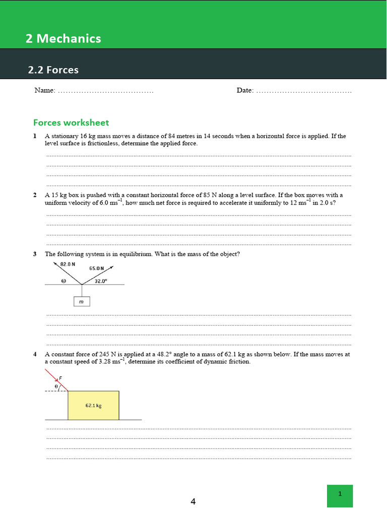 Physics Forces Worksheet | PDF