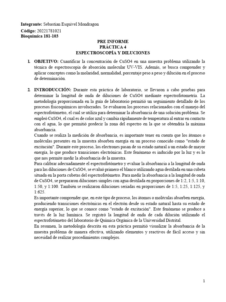 Pre Informe 4 - Espectroscopía y Diluciones | PDF