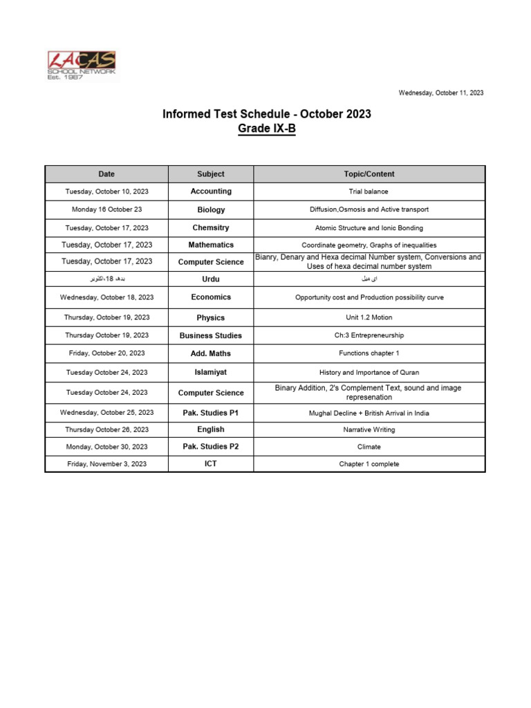 IX B October Informed Test Schedule | PDF