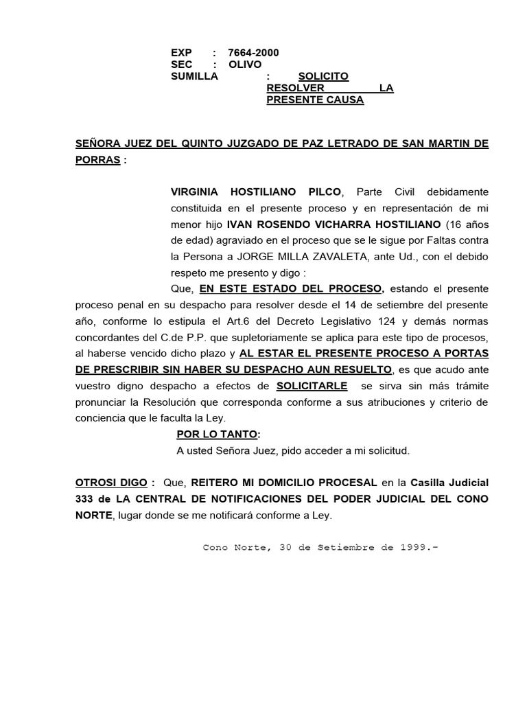 Solicito Resolver La Presente Causa - Juzg. Paz Letrado Cono Norte | PDF