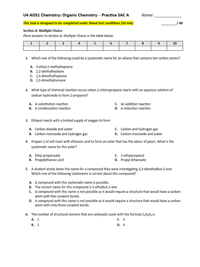 U4 Chemistry 2023 - Organic Chemistry - Practice SAC A | PDF